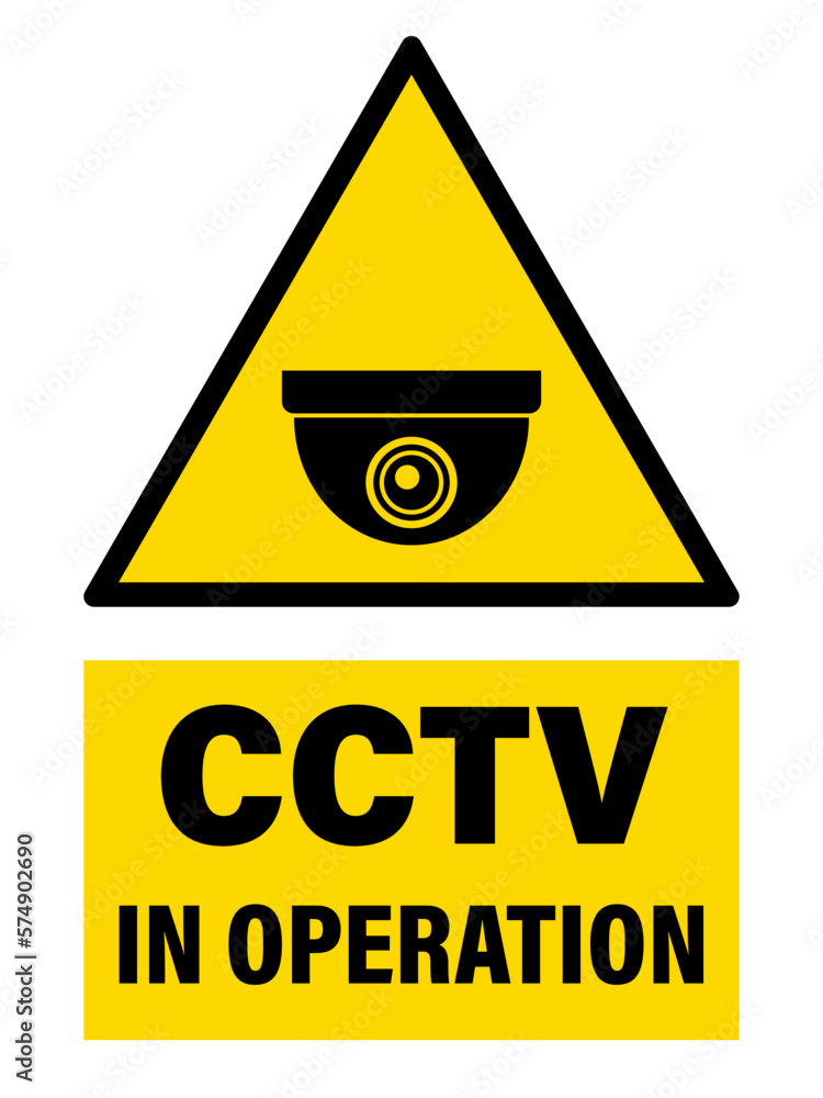 CCTV in operation, warning triangle sign with dome style security ...