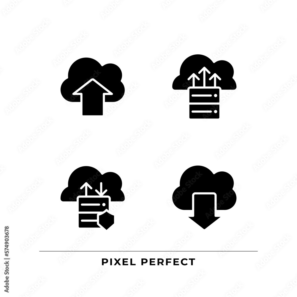 Data exchange via cloud resources black glyph icons set on white space ...