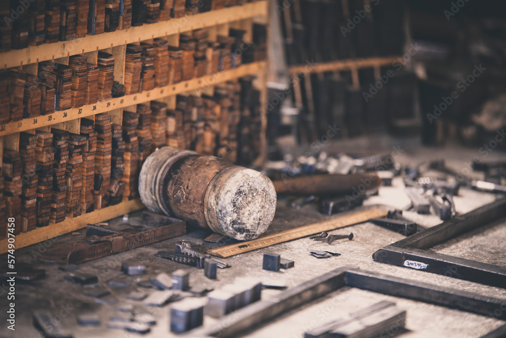 Plates, frames and tools used in an antique printing press. Stock Photo ...