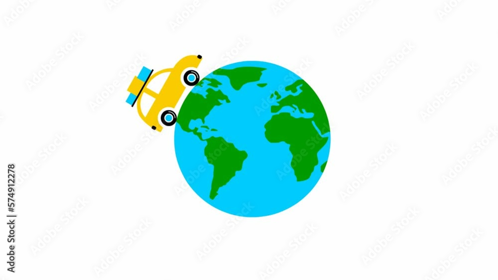 Animated car drives around the green blue planet. yellow vintage car ...
