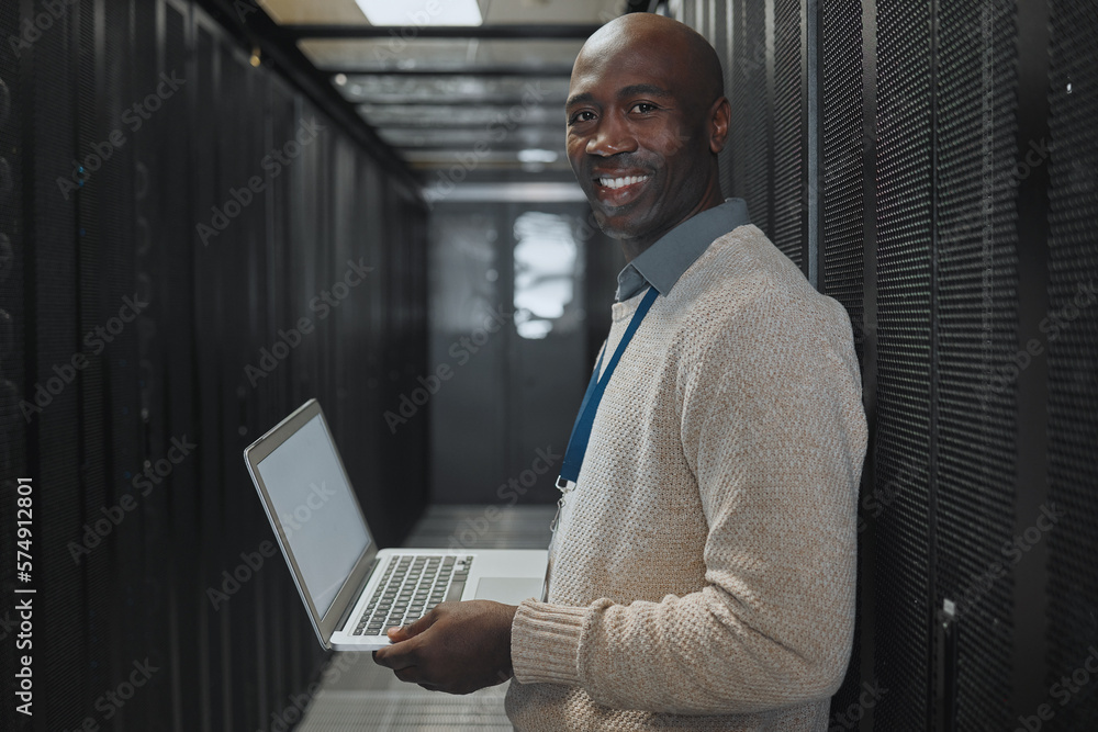 Server room, laptop and man portrait or technician for data center ...