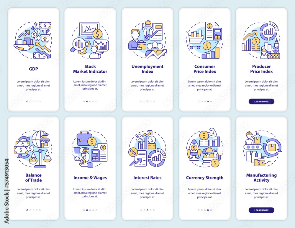 Economic indicators and examples onboarding mobile app screens set ...