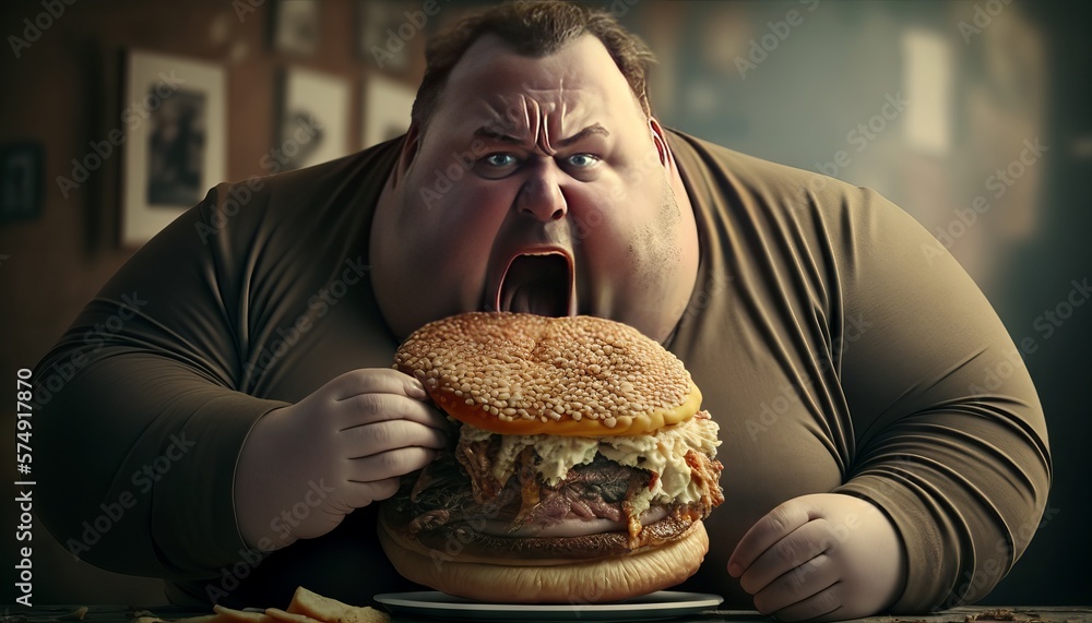Fat man eating a hamburger. The concept of diet and obesity. Generative ...