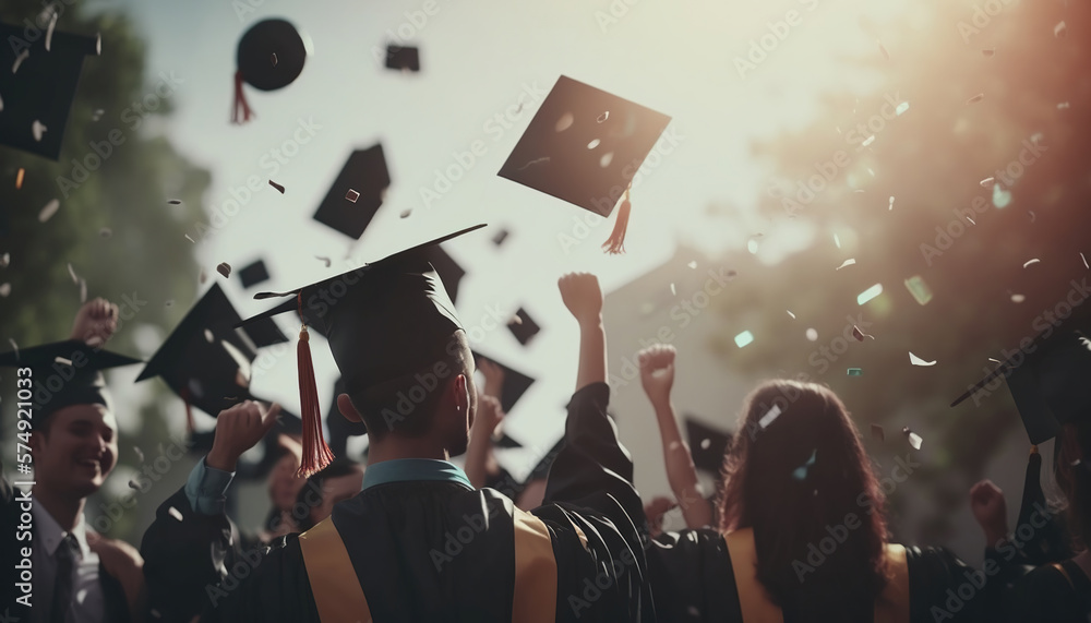 A group of students celebrating their graduation by throwing caps in ...