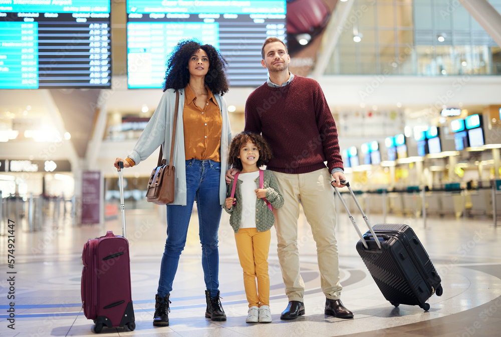 Family, holding hands at airport and travel for holiday, parents and ...