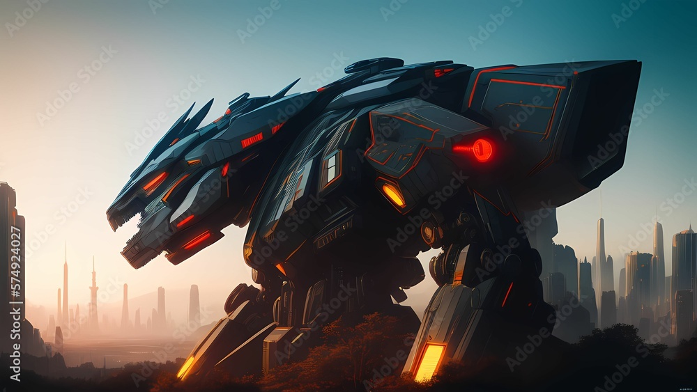 giant robot android cyborg machine futuristic in the cyberpunk city ...