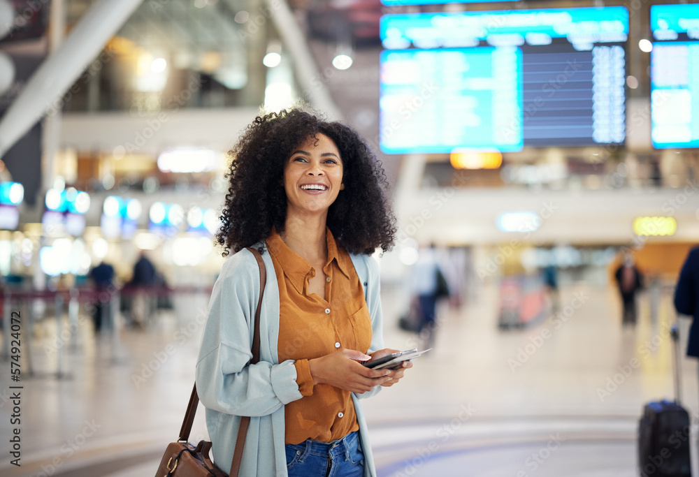 Black woman at airport, travel and passport with happiness, excited for ...