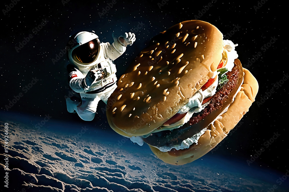 An astronaut tries to catch a hamburger art screen background created ...