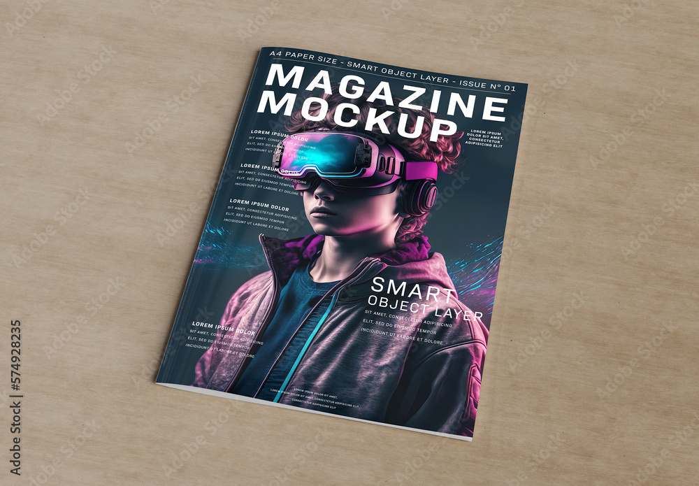 Magazine Cover Mockup on Wood Background Stock Template | Adobe Stock