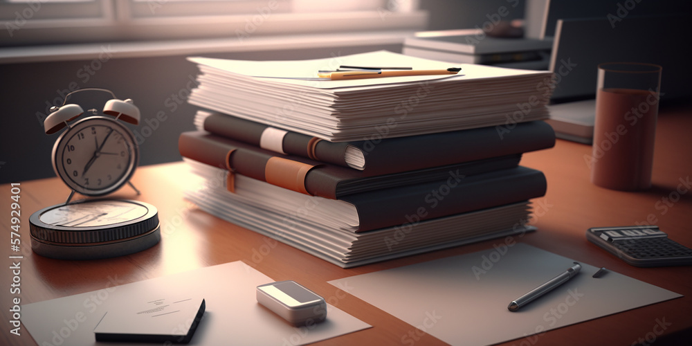 stack of documents and folders on the office in the office. Generative ...