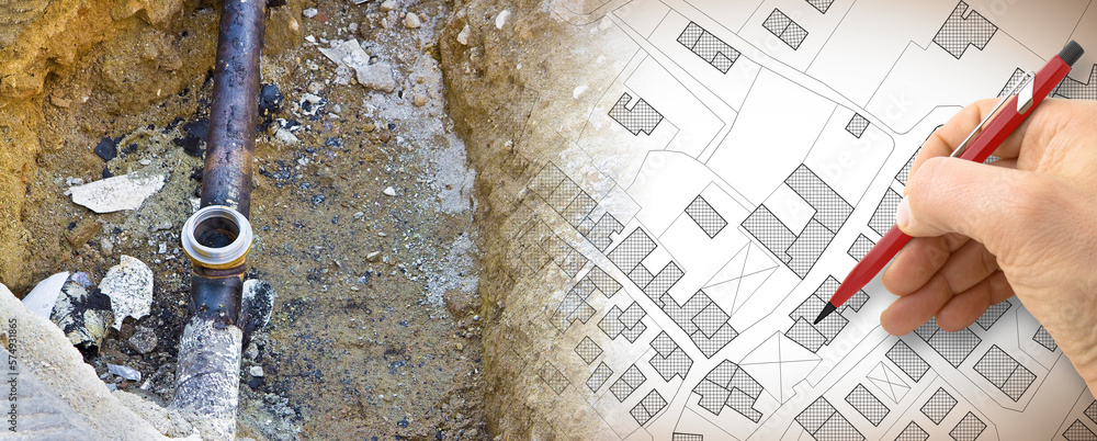 Road works with excavation for the installation of a methane gas ...