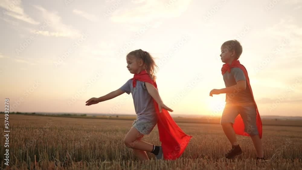 kid group superhero run. kids team happy family a dream concept. childs ...