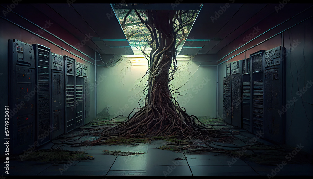 Abandoned server room and dark corridor with old roots and tree ...