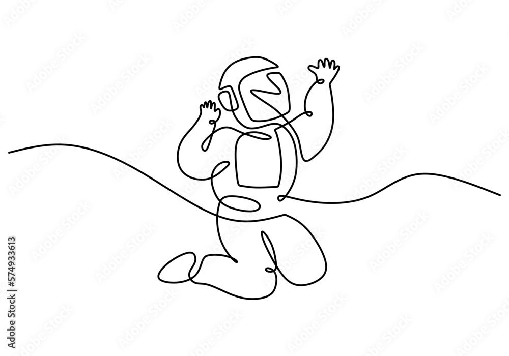 Hand drawing one single continuous line of astronaut flying, science ...