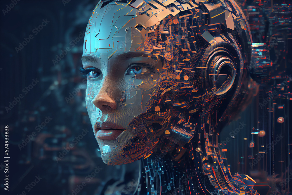 Head of humanoid robot with blue eyes and visible neural network and ...