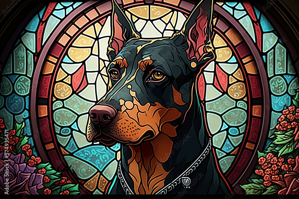 Doberman, stained glass window, hexagonal | Created With Generative AI ...