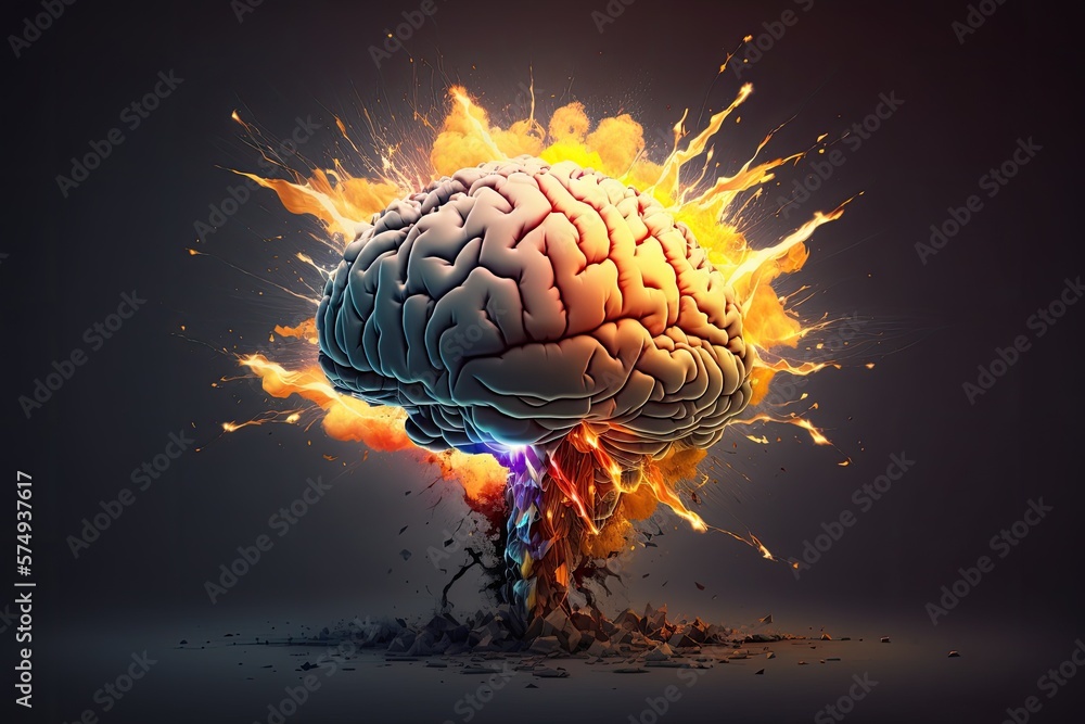 3D illustration of human brain with epic mind blowing thought explosion ...