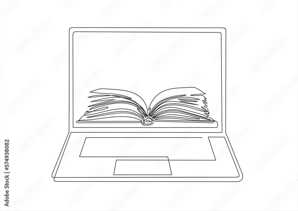 Continuous line drawing or one line drawing of a book on a computer ...