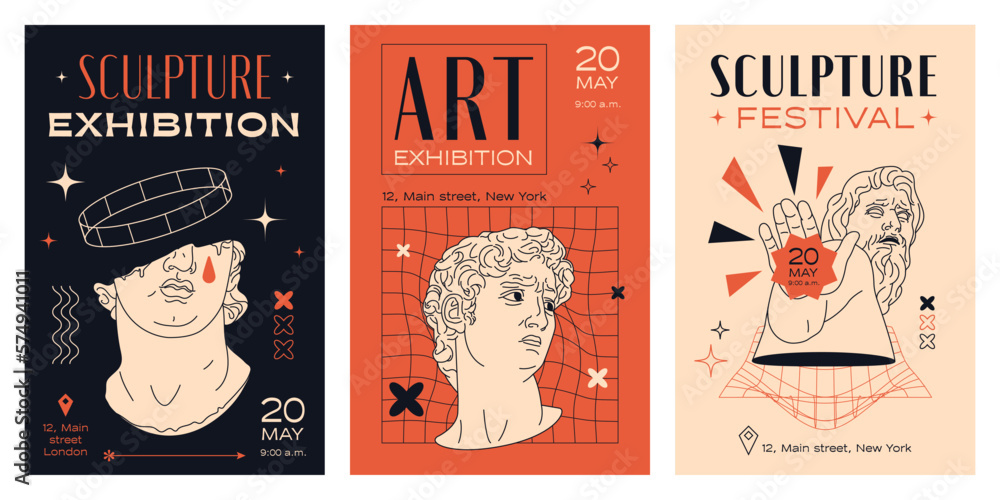 Set of posters with Greek statues. Template of flyers for an exhibition ...