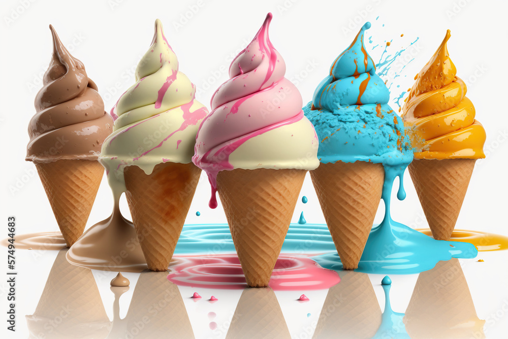 Levitation five ice cream cones on white background, sweet ice cream ...
