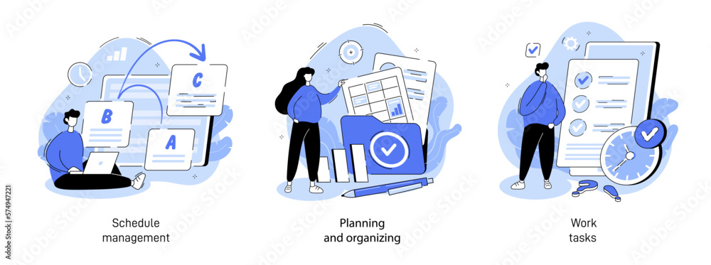 Schedule planning illustration set. Characters making calendar ...
