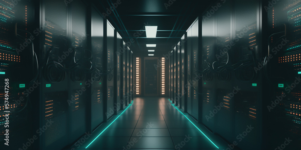 A vibrant image of a modern data center reveals an array of powerful ...