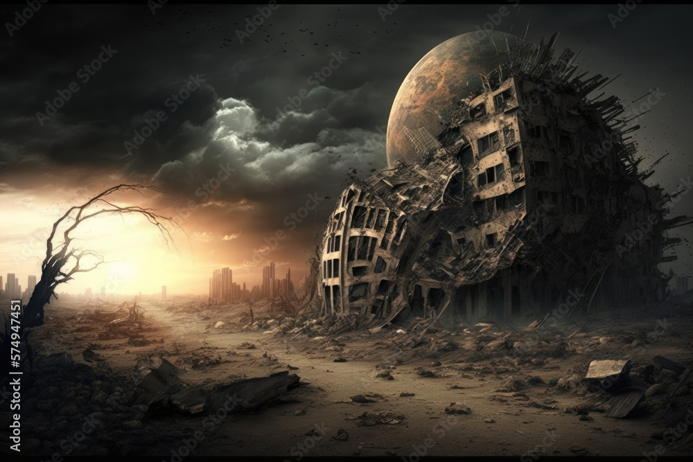 Apocalyptic view of destroyed world, post apocalypse after world war ...