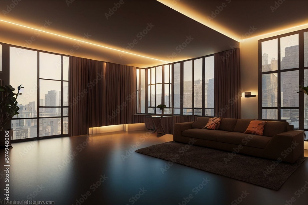 living room interior with led tv and windows. Smart home futuristic ...