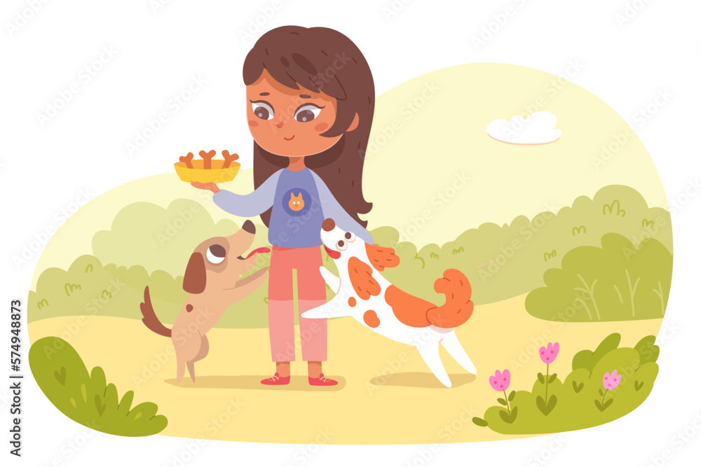 Girl giving food to happy stray dogs, summer landscape scene with kid ...