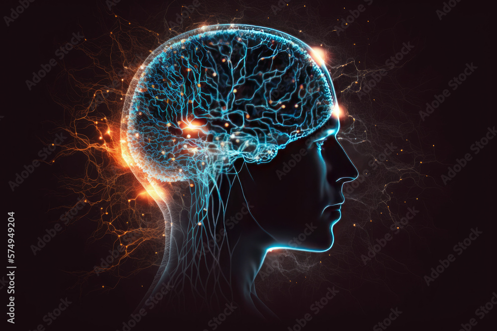 Human head with glowing neurons in brain. Esoteric and meditation ...