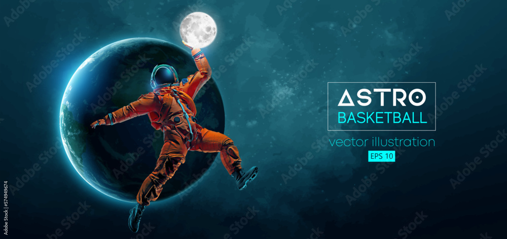Basketball player astronaut in space action and Earth, Moon planets on ...