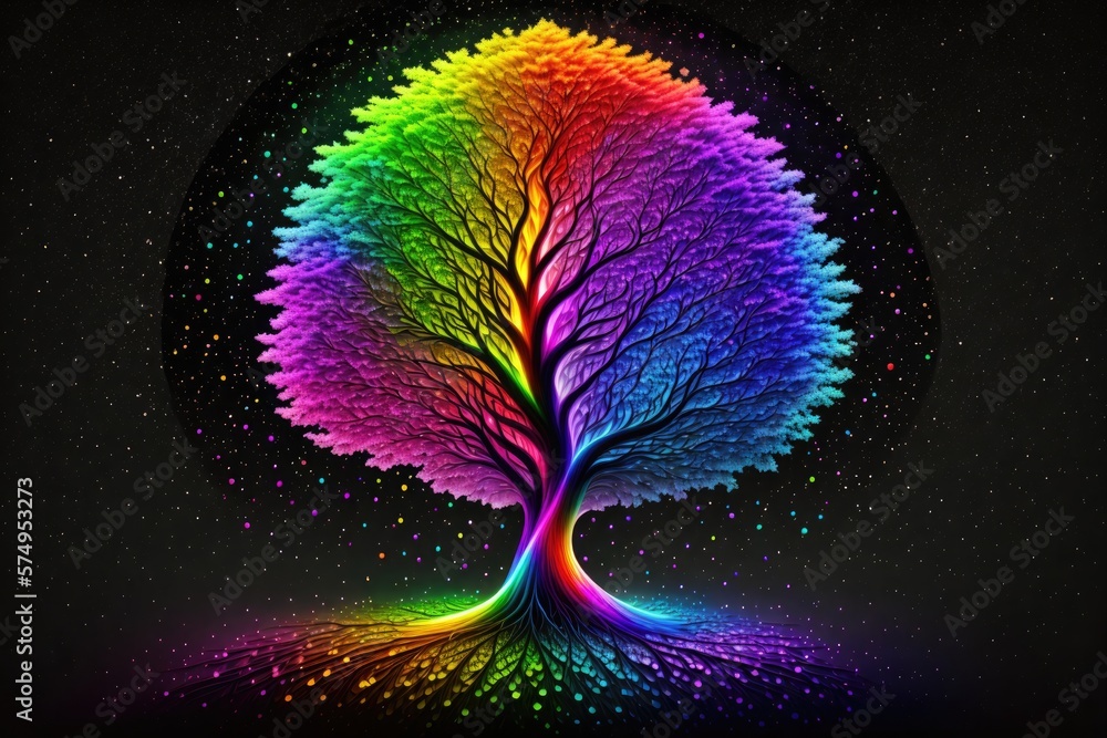 Rainbow tree isolated in front of black background by Generative AI ...