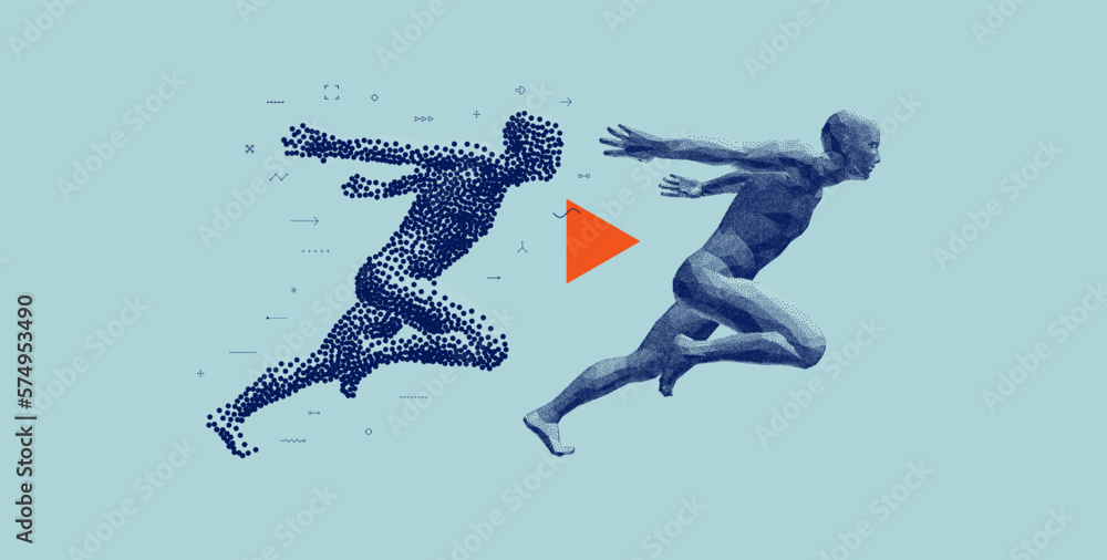 Running man or marathon runner in сoarse and fine style. 3D human body ...