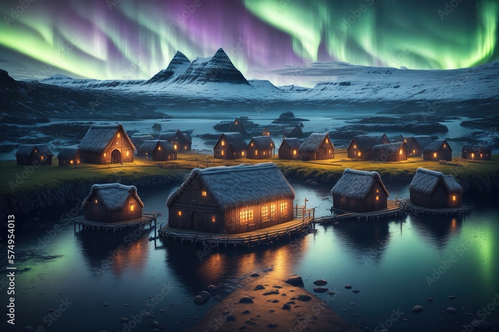 Viking houses in a viking landscape by water with northern lights in ...