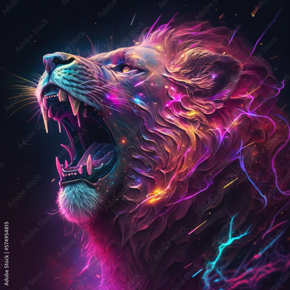 Angry Lion Portrait Rendered with Lots of Futuristic Colors and Effects ...