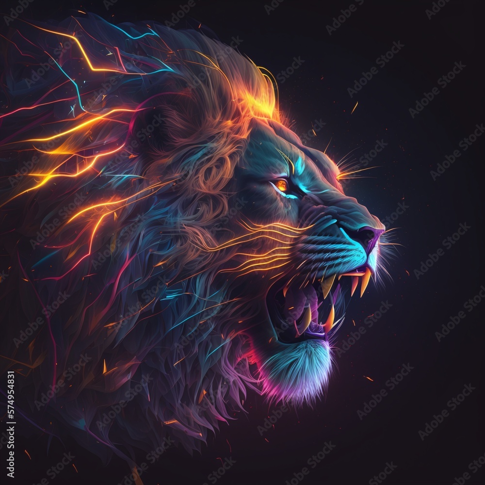 Angry Lion Portrait Rendered with Lots of Futuristic Colors and Effects ...