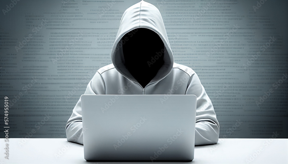 ภาพประกอบสต็อก Anonymous Hacker With White Hoodie Typing Computer Laptop Concept Of Ethical 0322