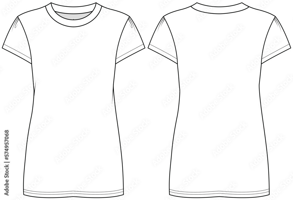 womens crew neck cap sleeve t shirt flat sketch vector technical cad ...