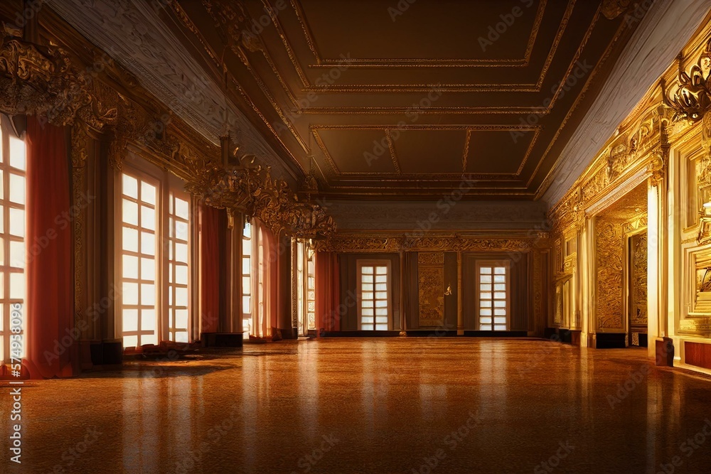 A realistic fantasy interior of the royal palace. golden red palace ...