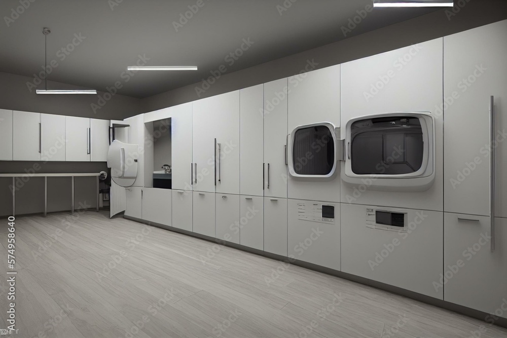 Panorama Empty laundry room with light beige interior and white wooden ...