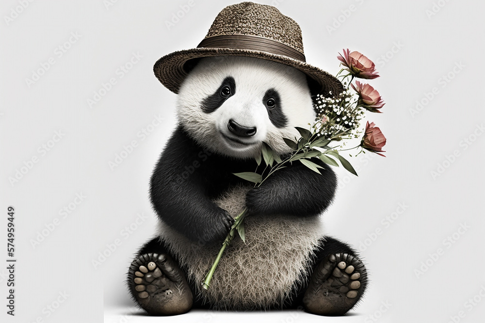 Cheeky smiling panda bear wearing a hat and holding a bouquet of roses ...
