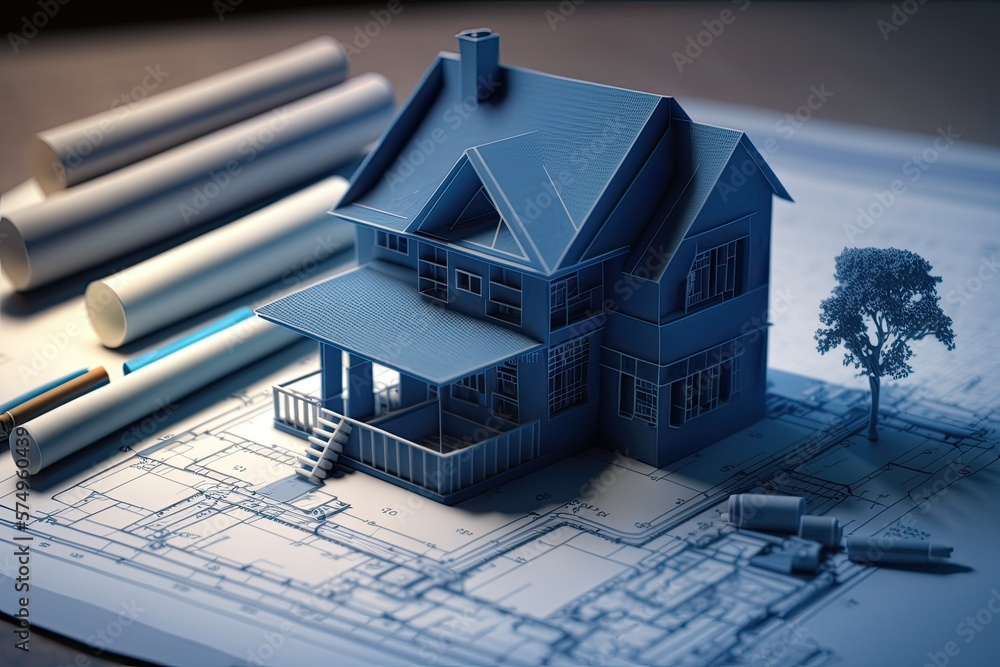 blue house with blueprint , ai generated Stock Illustration | Adobe Stock