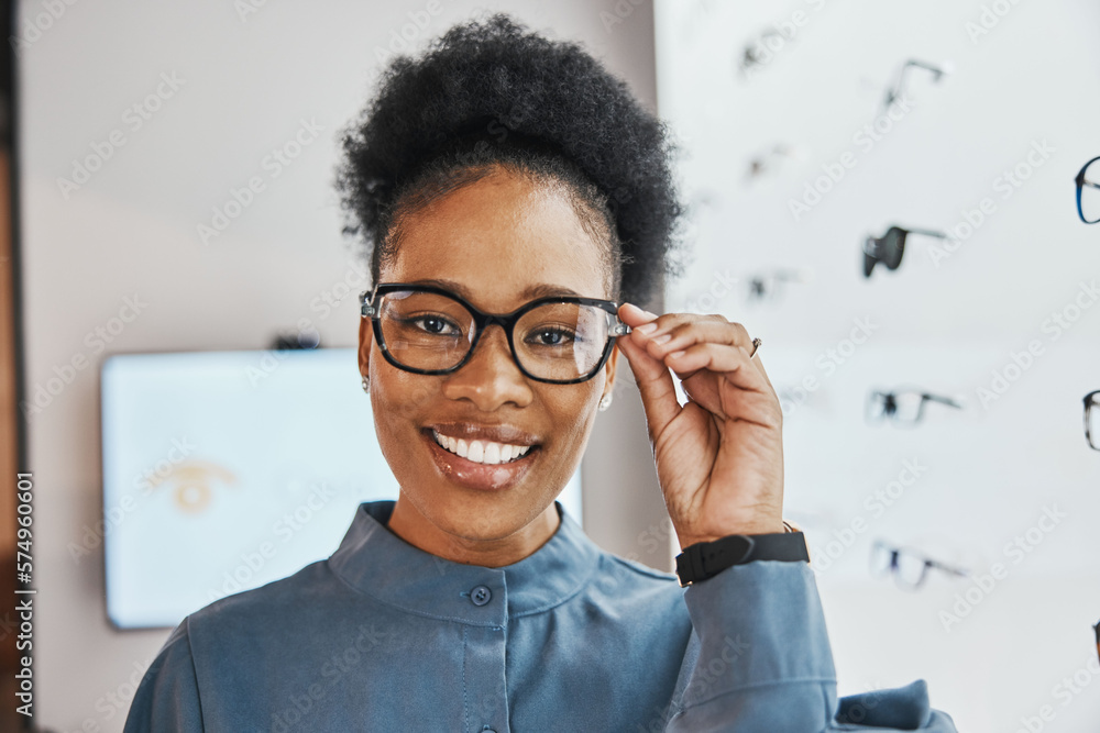 Glasses check, black woman portrait and shopping in a store looking ...