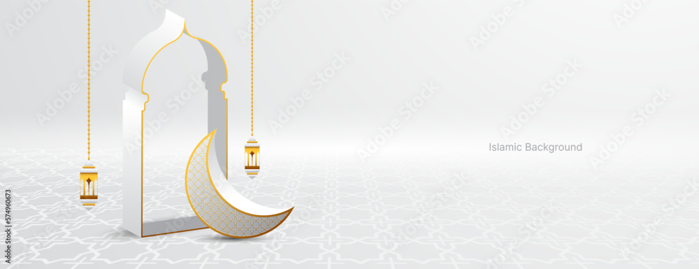 islamic banner background with crescent , lantern and gate in white and ...