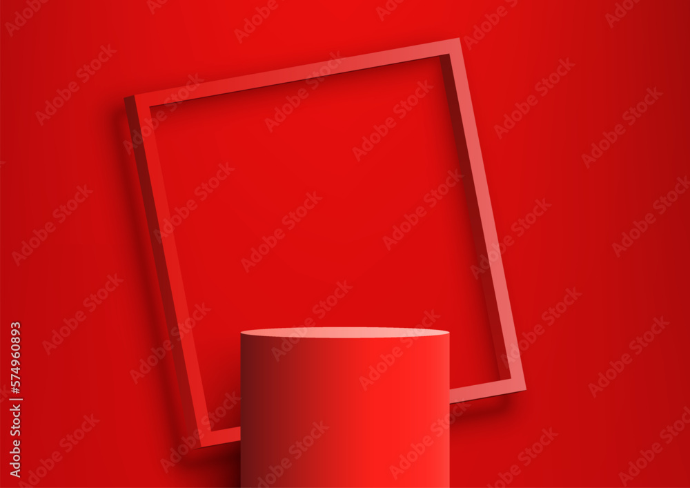 3D realistic modern red cylinder podium stand with red square frame ...