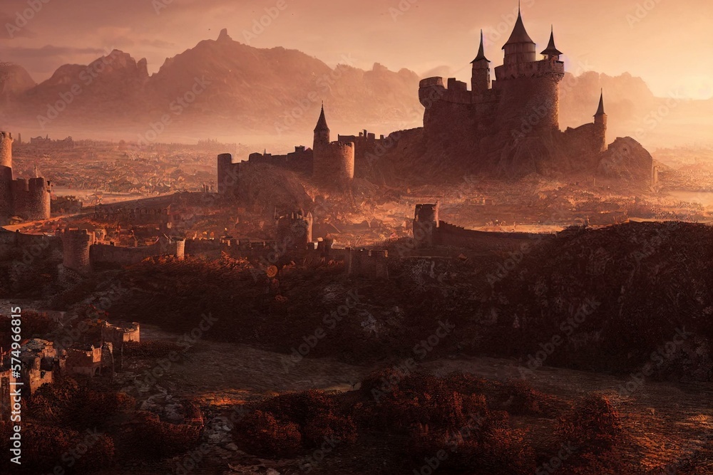 Fantasy medieval fortress with a town below. Large antique, middle ages ...