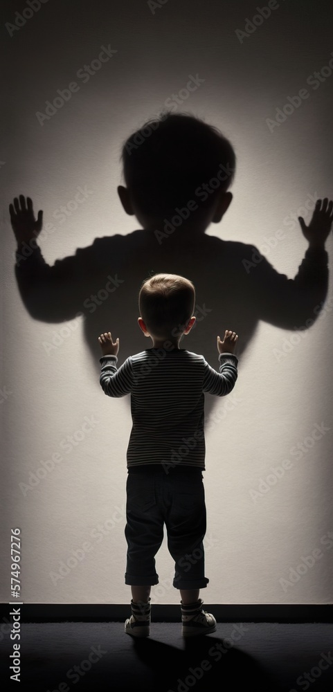 A small child who plays with his shadow during the dark night, A kid ...