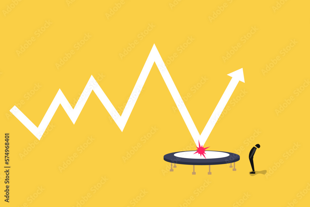 businessman looking at Graph bounce on trampoline jump flying high ...