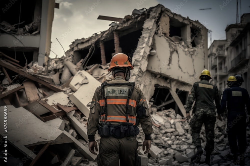 Rescuers in uniform and helmets dismantle the rubble of houses after ...