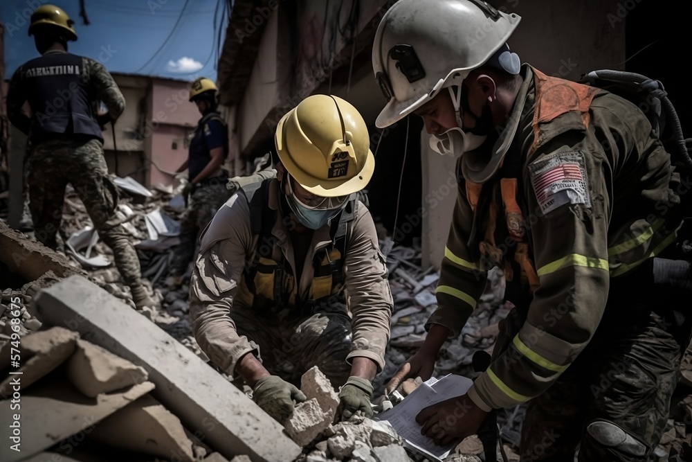 Rescuers in uniform and helmets dismantle the rubble of houses after ...